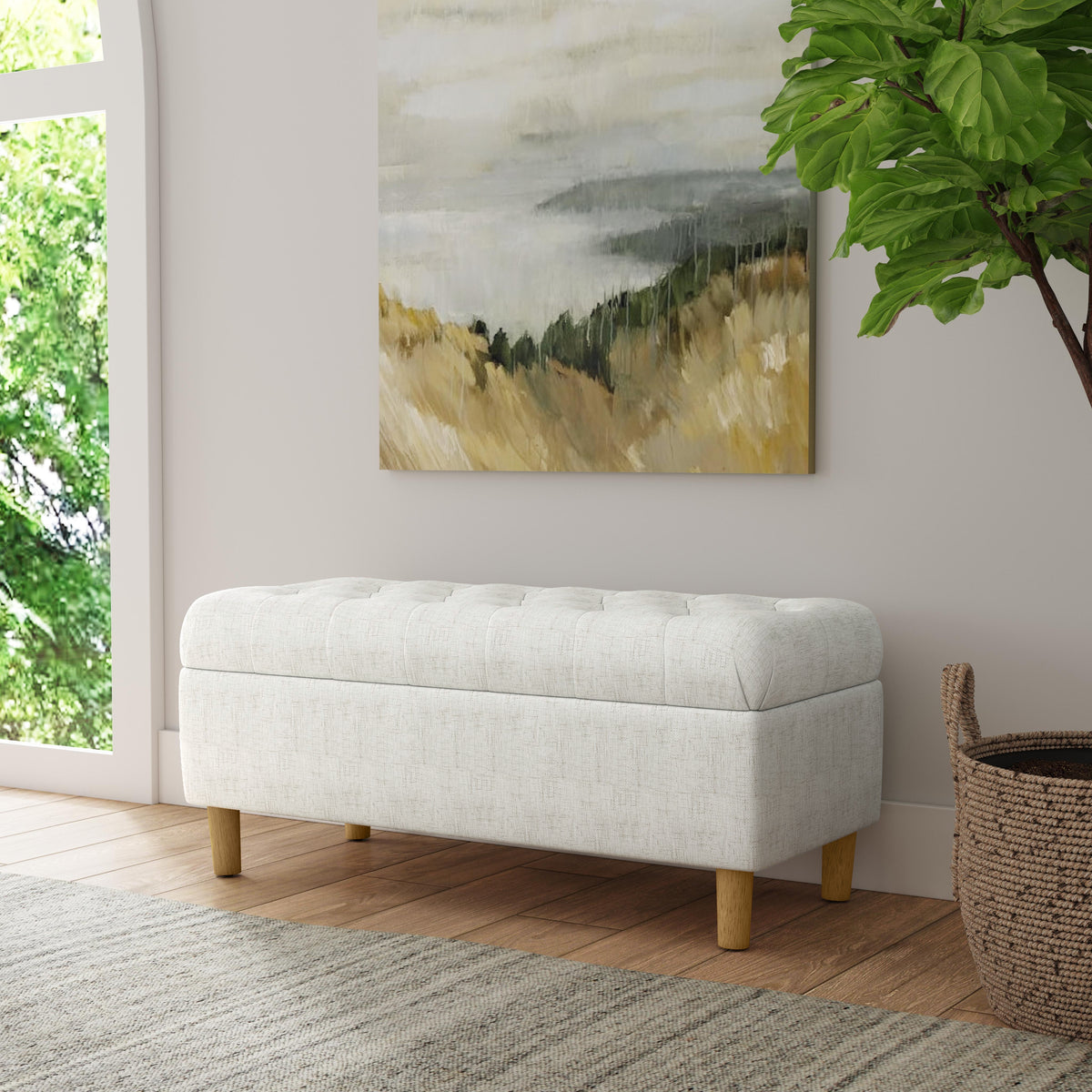 HomePop Button Tufted Storage Bench with Cone wood legs - Cream Textur ...