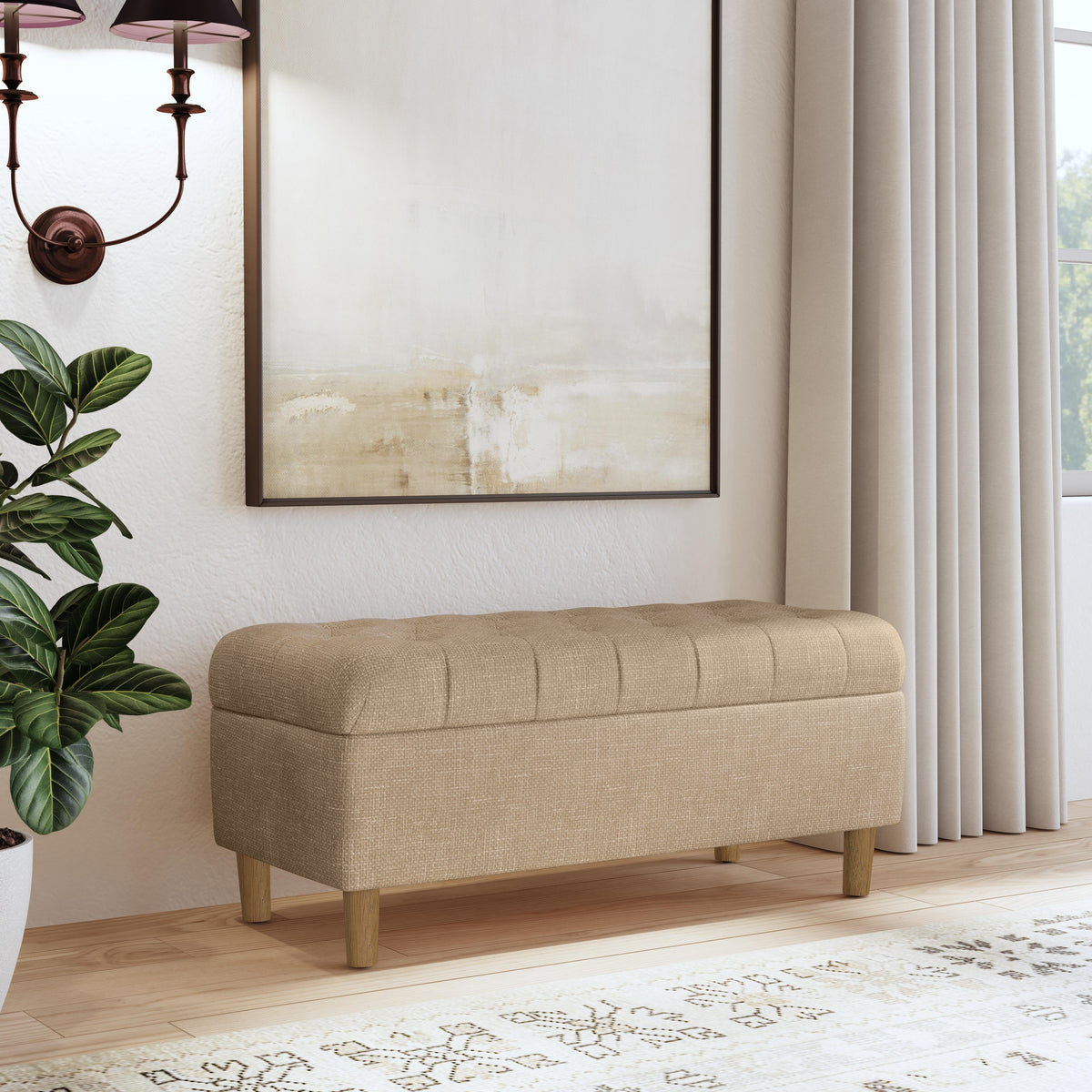 HomePop Button Tufted Storage Bench with Cone wood legs - Light Tan Te ...