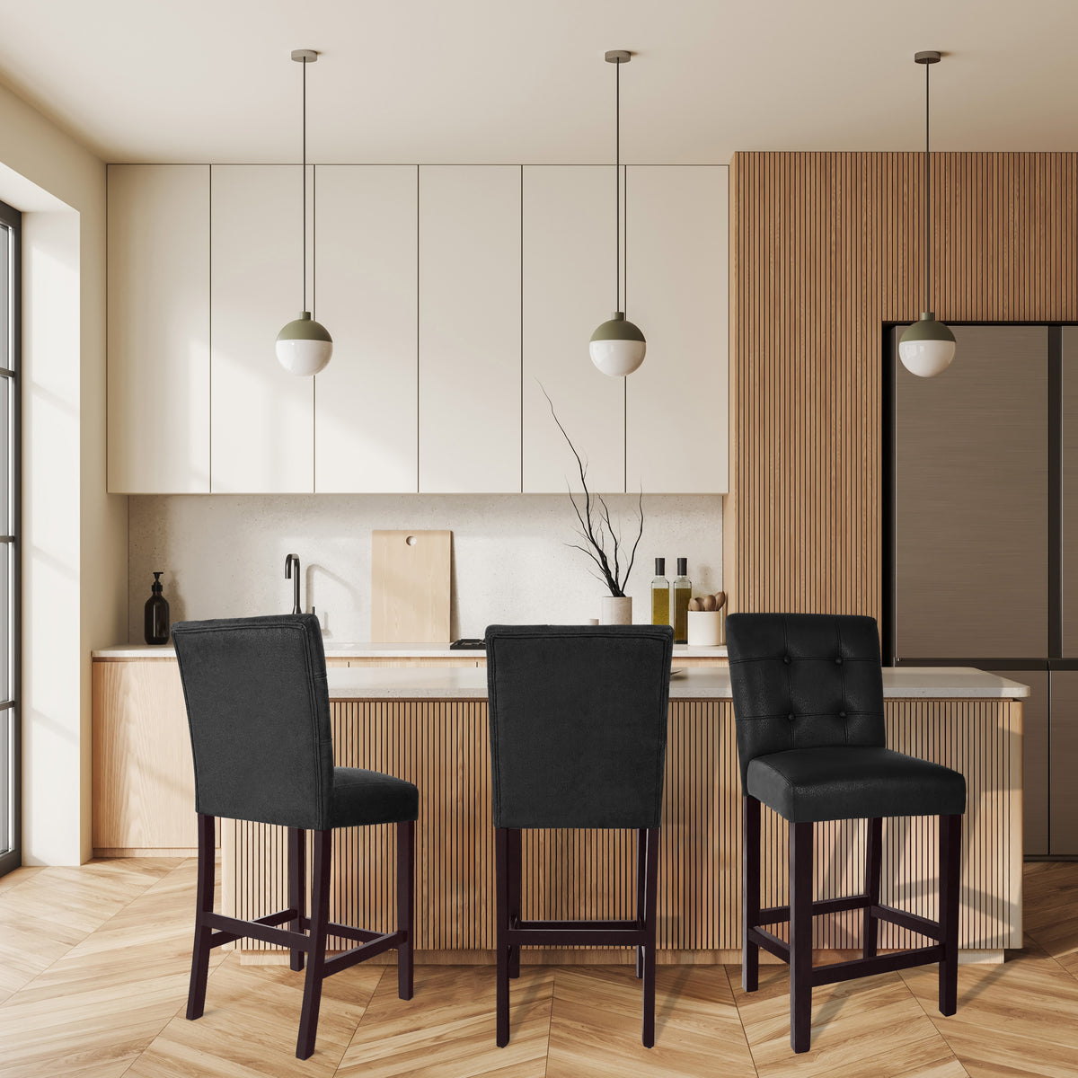 HomePop Upholstered Counter Stool - Matt black faux leather (Set of 2 ...